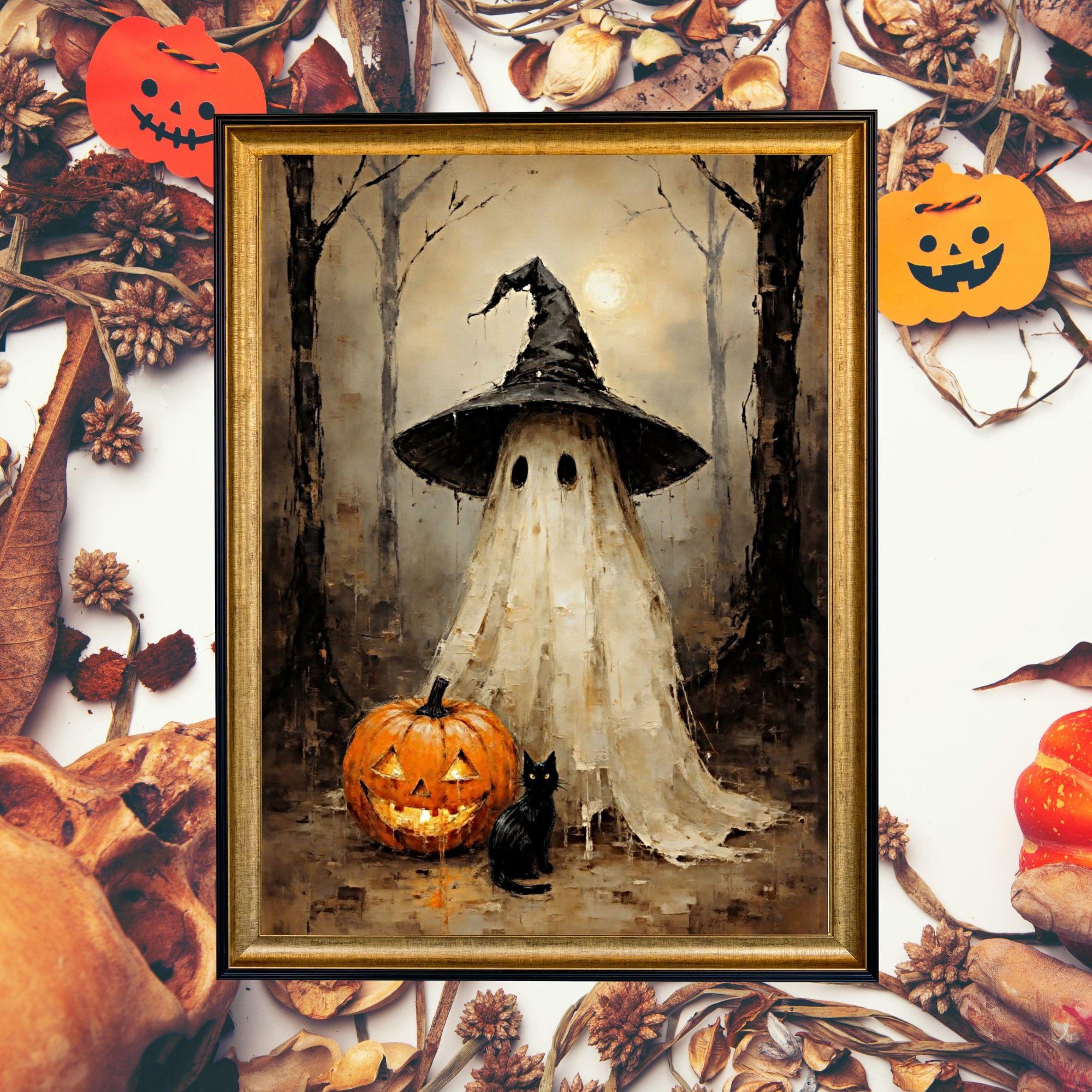 Vintage Halloween Ghost Poster: Gothic Pumpkin, Black Cat (digital ...