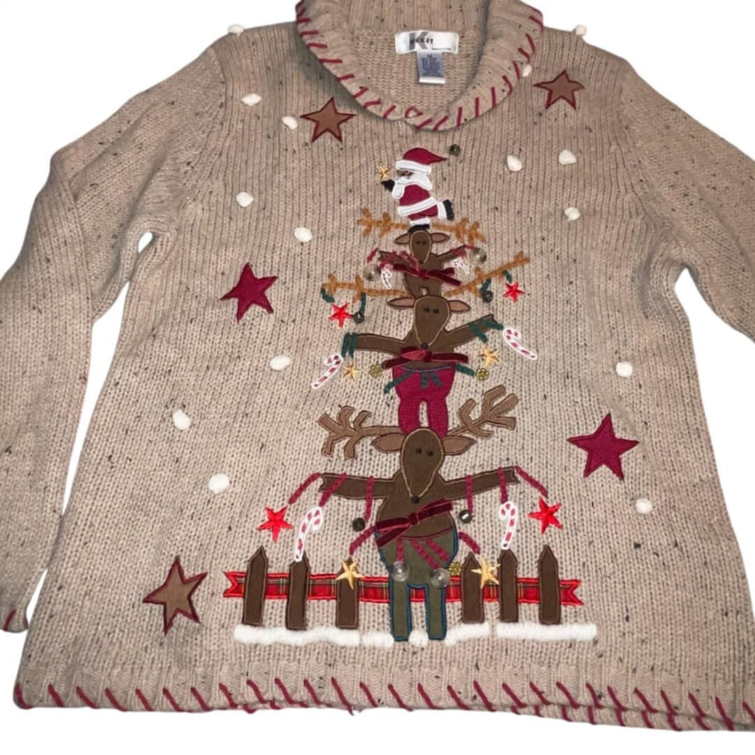 Vintage Kikit Maurice Sasson Christmas Sweater Reindeer Santa Bells ...