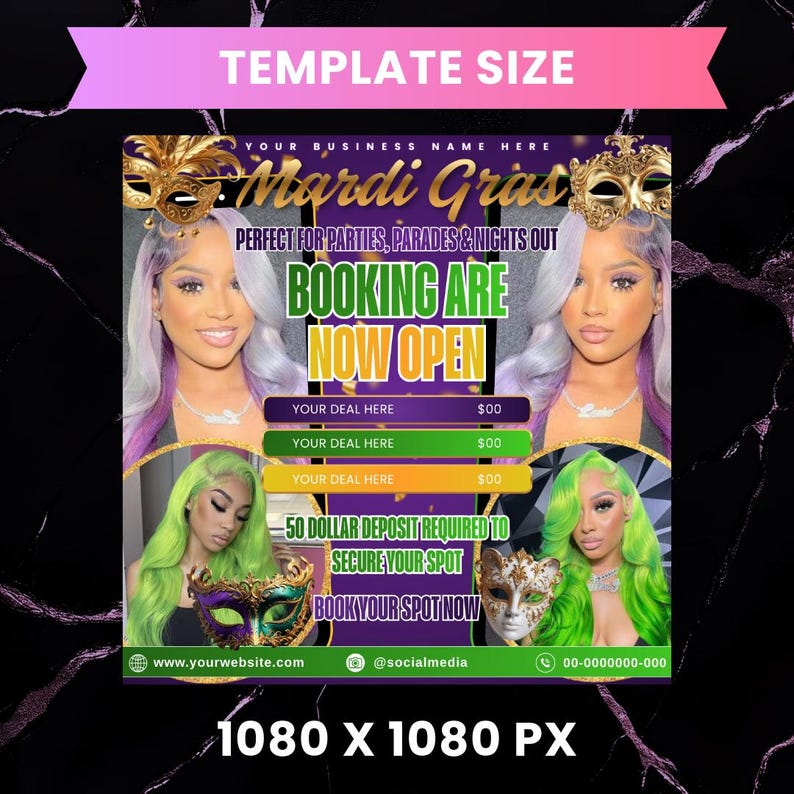 Mardi Gras Booking Flyer, Beauty Salon Template (canva Editable) - Etsy