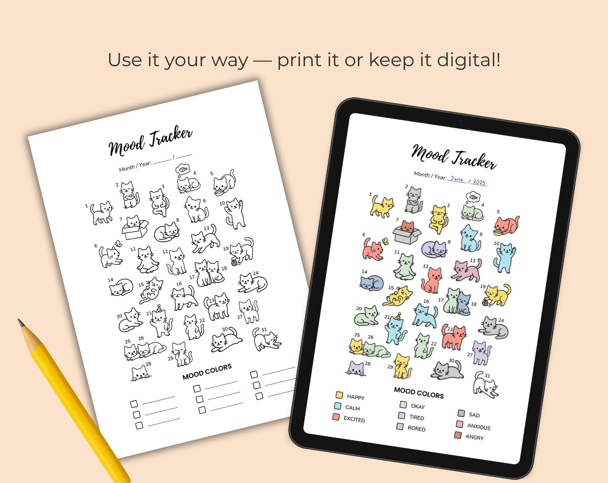 Cat Mood Tracker Printable | 31 Day Monthly Emotion Tracker | Mental ...
