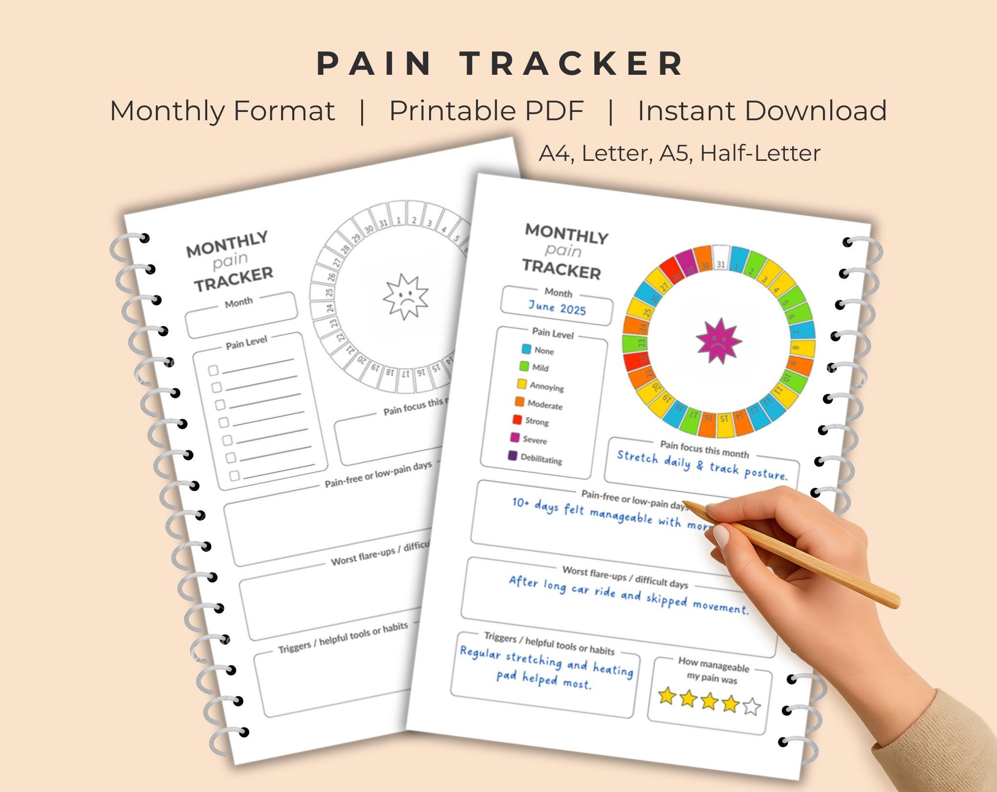 Monthly Pain Tracker Printable: Symptom Log for Chronic Conditions (PDF ...