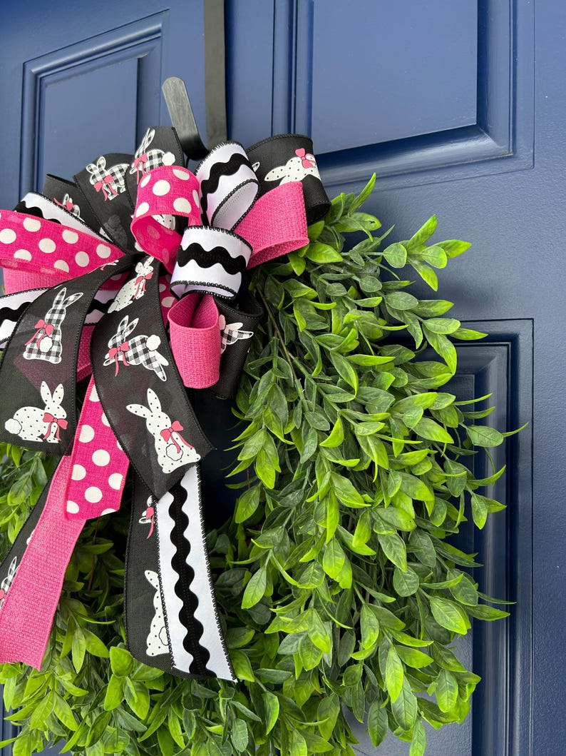 Pink Easter Bunny Bow – Black & Pink Polka Dot Spring Wreath Bow ...