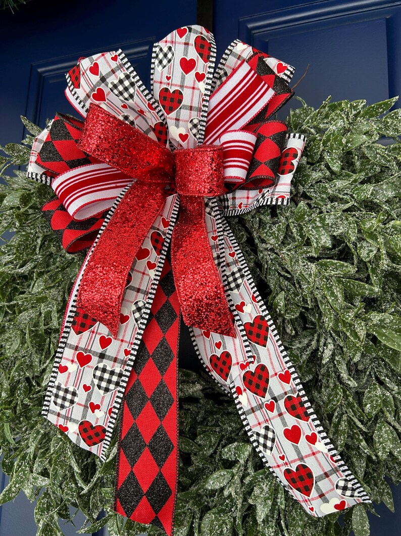 Valentine’s Day Wreath Bow | Red Black & White Buffalo Plaid Heart Bow ...