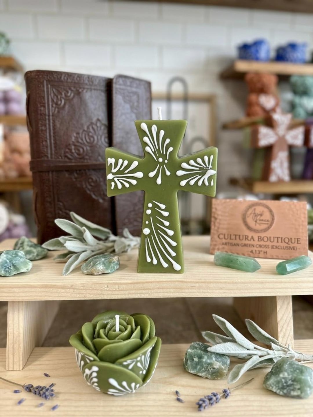 Talavera (nopal) Prickly Pear Green Cross & Rose Candle Set – Heritage ...