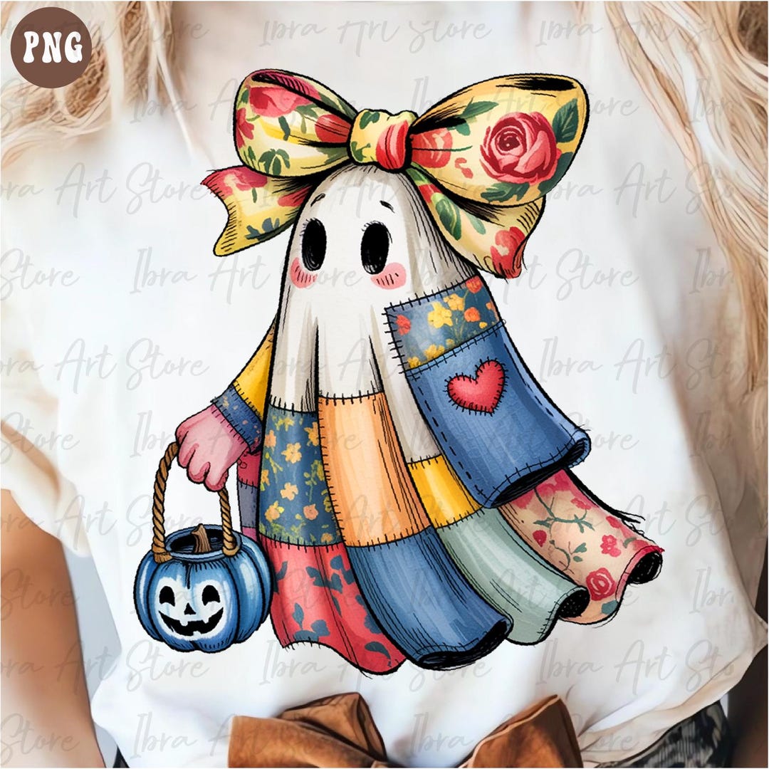 Retro Halloween Blue Denim Ghost Png, Trendy Patchwork Spooky Ghost Png ...