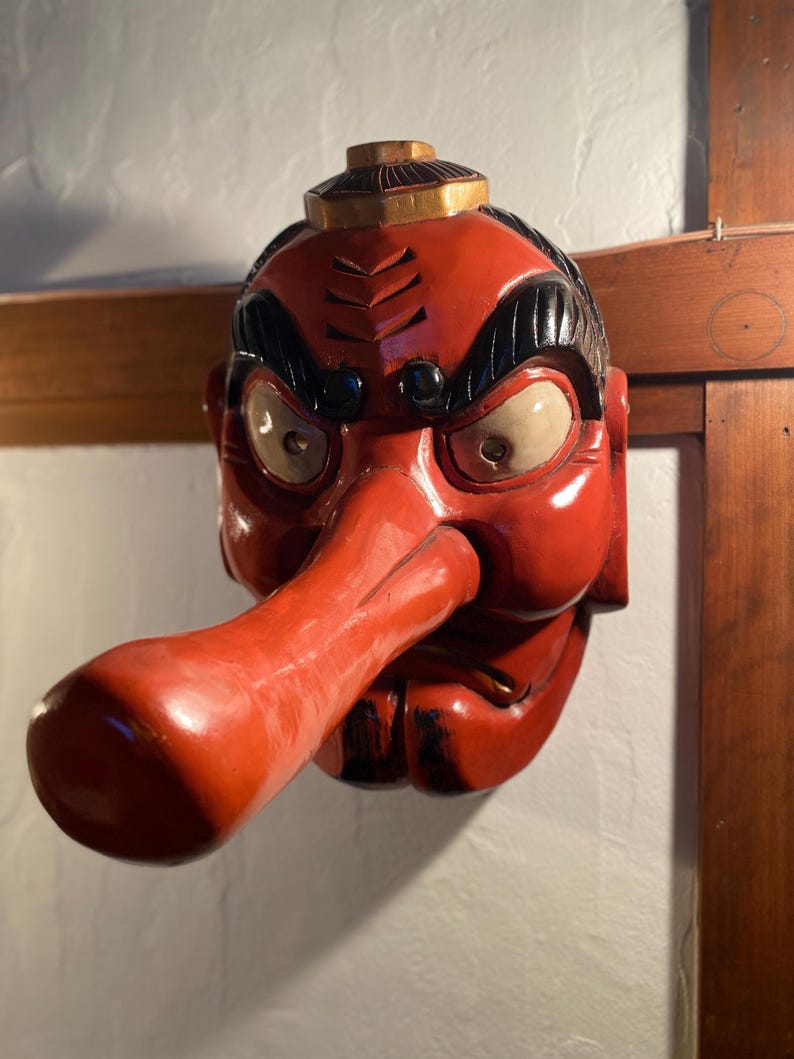 Antique Japanese Wooden Tengu Mask | Large Hand-carved Red Mask | Wall ...