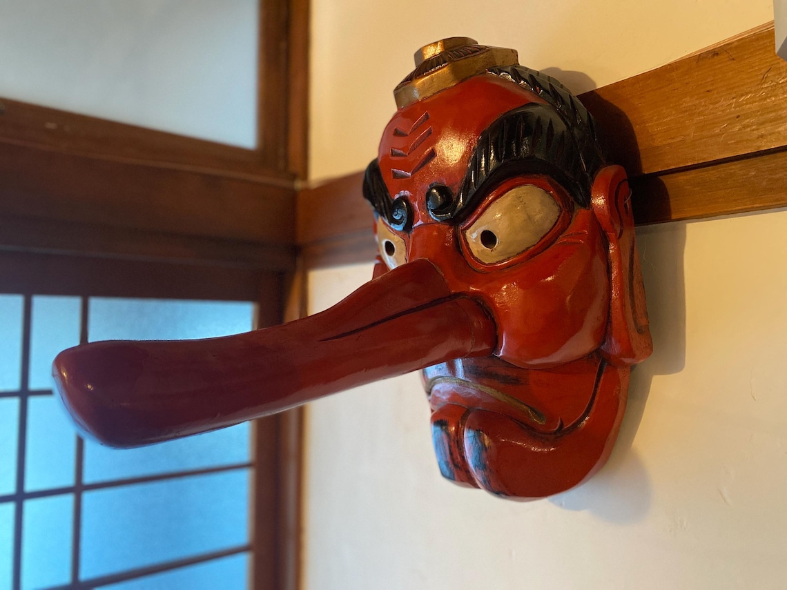 Antique Japanese Wooden Tengu Mask | Large Hand-carved Red Mask | Wall ...