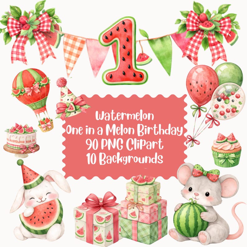 Watercolor Watermelon Clipart Bundle, "one in a Melon" Birthday Pngs ...