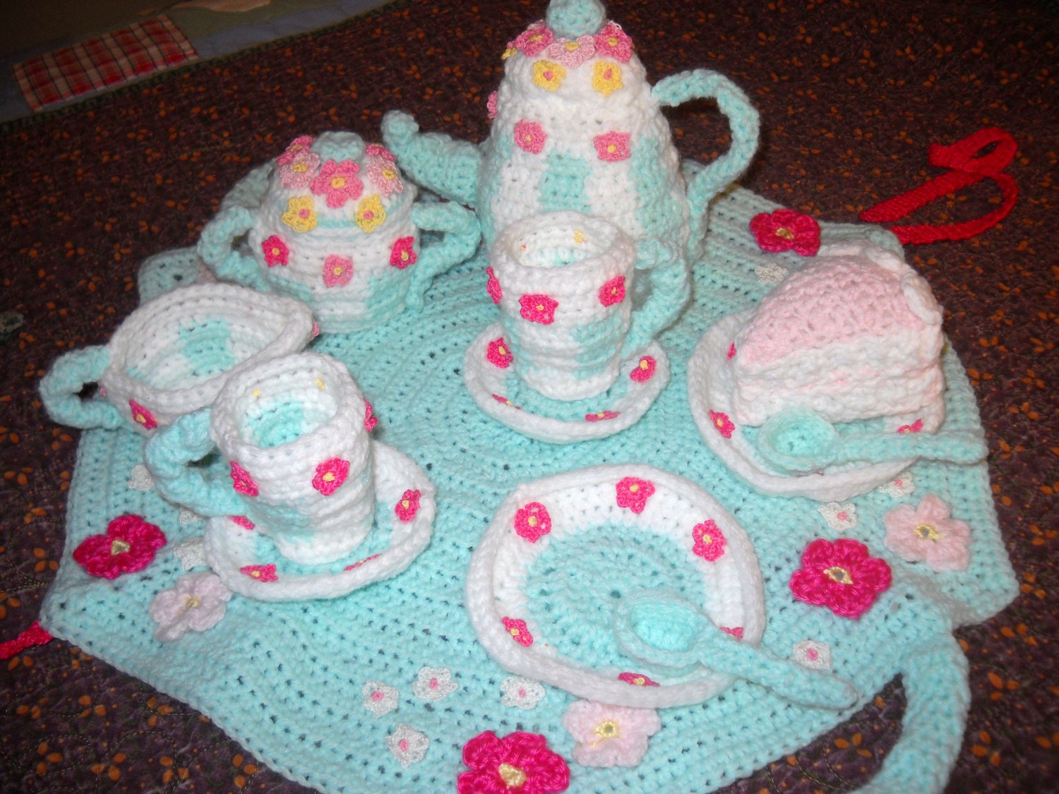 Hand Crocheted Tea Party Set Includes Carry Case/ Tray 13 Pieces ...