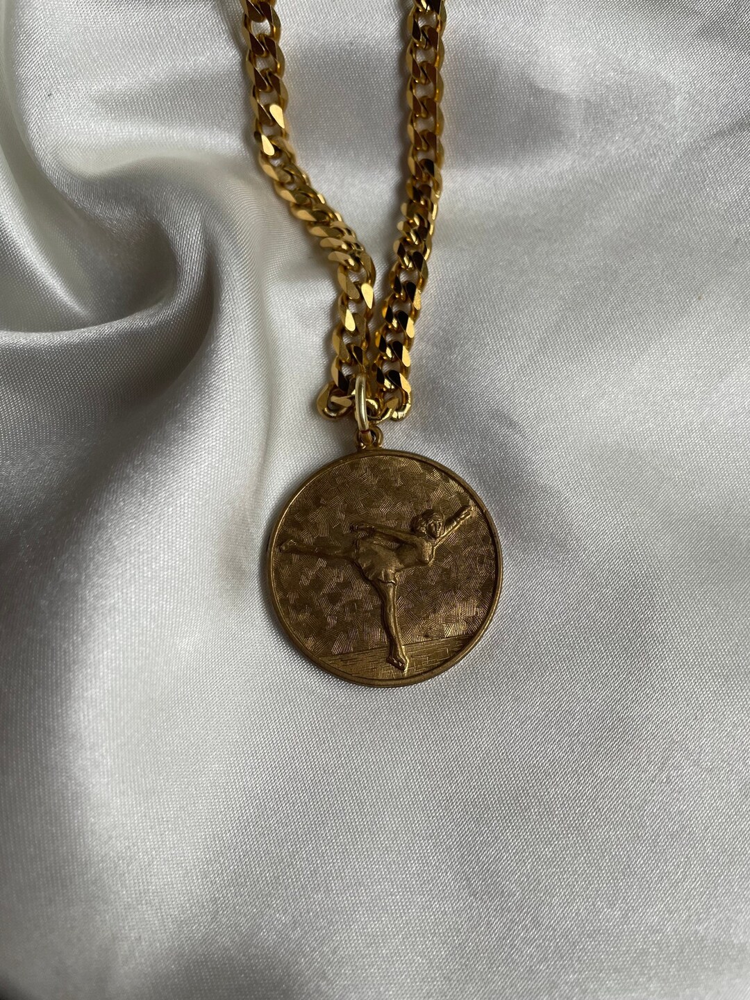 Vintage Gold Figure Skater Sports Medallion Pendant Necklace, Gold ...