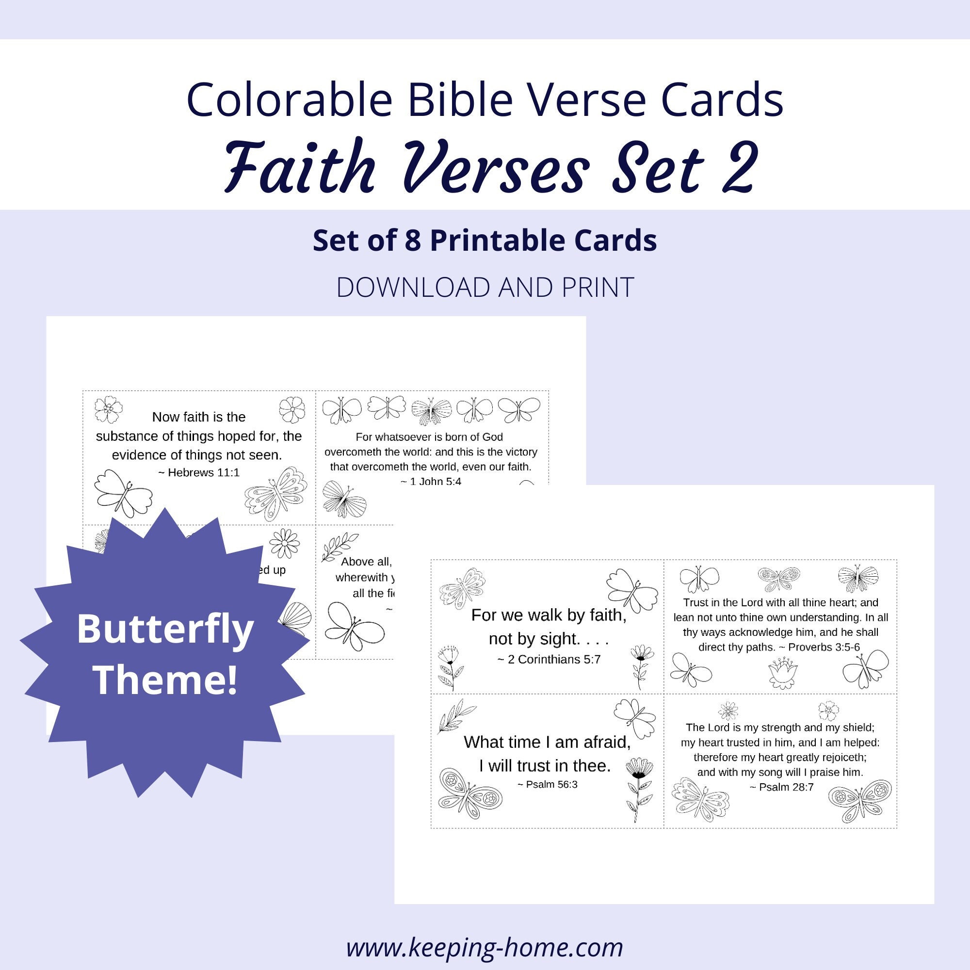 Faith Verses Bible Verse Cards | Set 2, 8 Verses | Colorable Butterfly ...