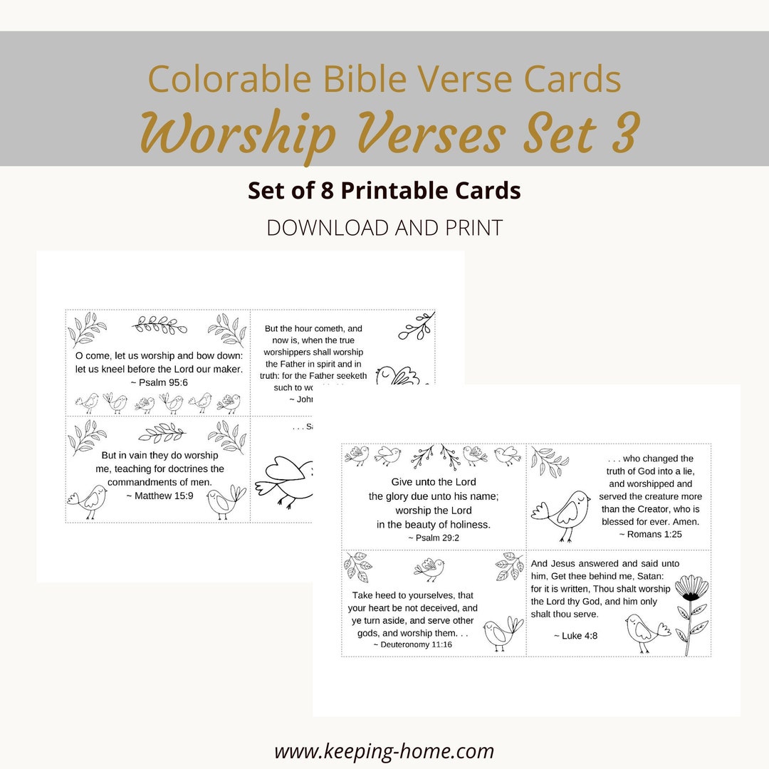 Worship Verses Bible Verse Cards | Set 3, 8 Verses | Colorable Bird ...