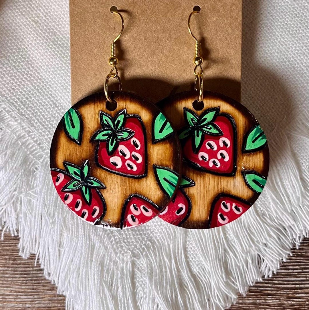Double Sided Wood Burned Strawberry Patch Earrings (1.5 Inch Round) - Etsy