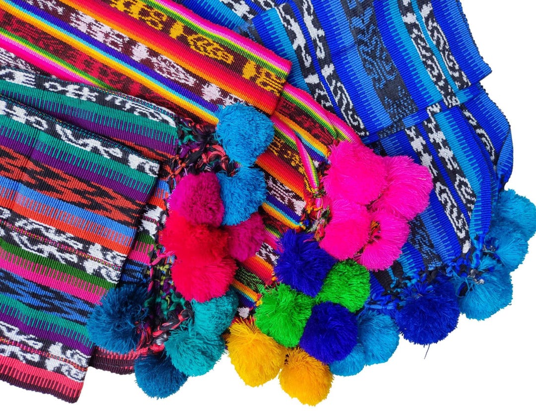Guatemalan Cotton Rebozo Shawl: Handwoven Artisan Wrap With Wool Poms ...