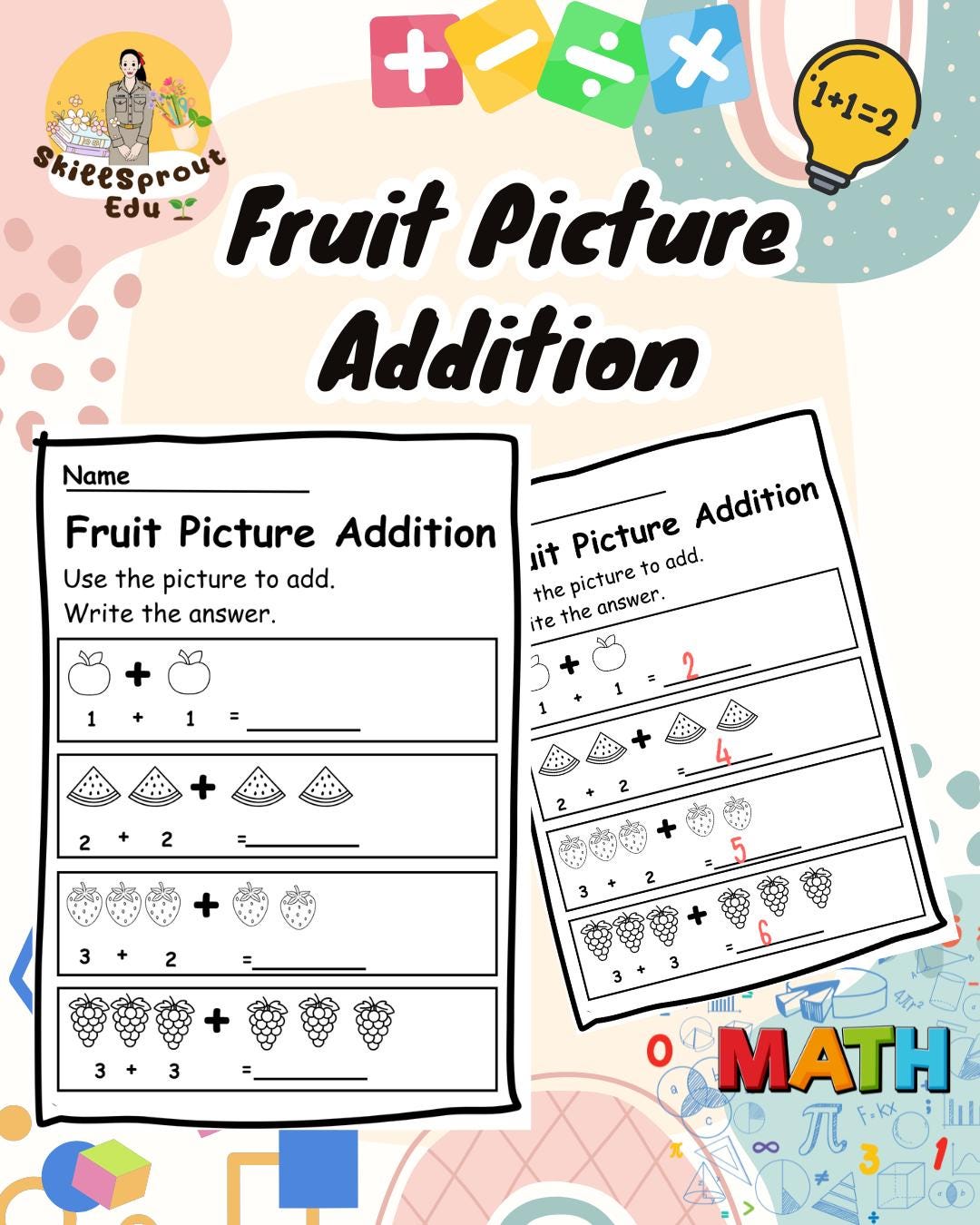 Fruit Picture Addition Worksheet – Preschool & Kindergarten Math ...