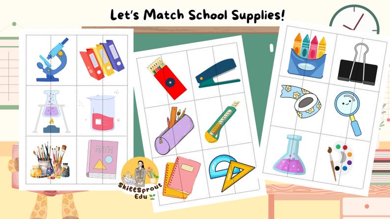 36-piece School Supplies Matching Game for Kids - Printable Flashcards ...