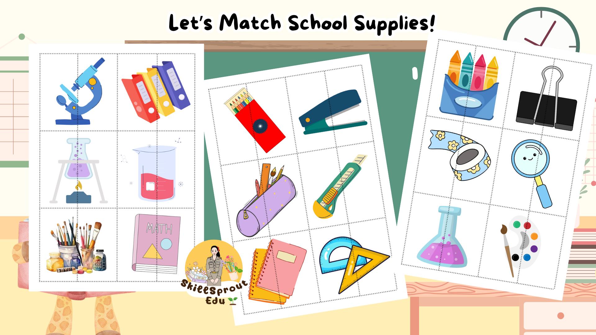 36-piece School Supplies Matching Game for Kids - Printable Flashcards ...