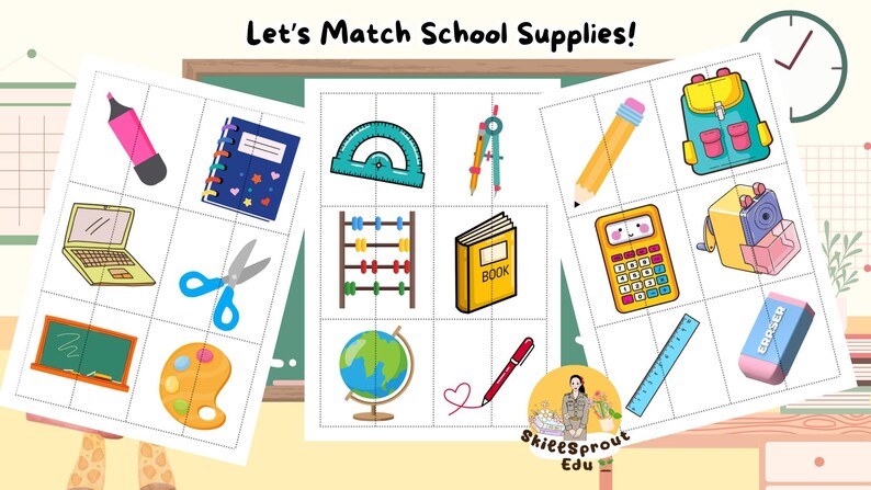 36-piece School Supplies Matching Game for Kids - Printable Flashcards ...
