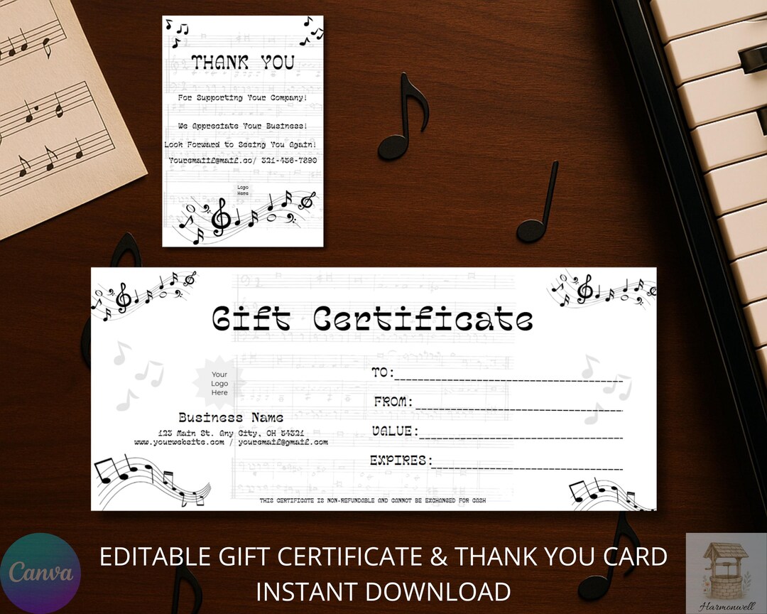 Editable Music Notes Gift Certificate & Thank You Card Template, Piano ...