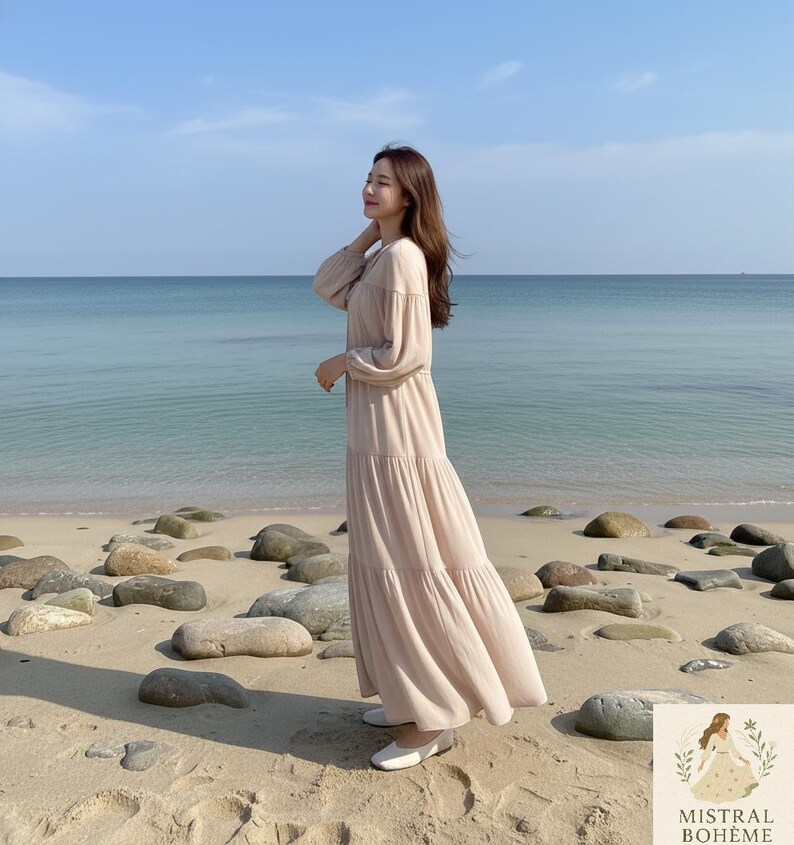 Flowy Chiffon-Blend Maxi Dress for Women | Elegant Long-Sleeve Tiered ...