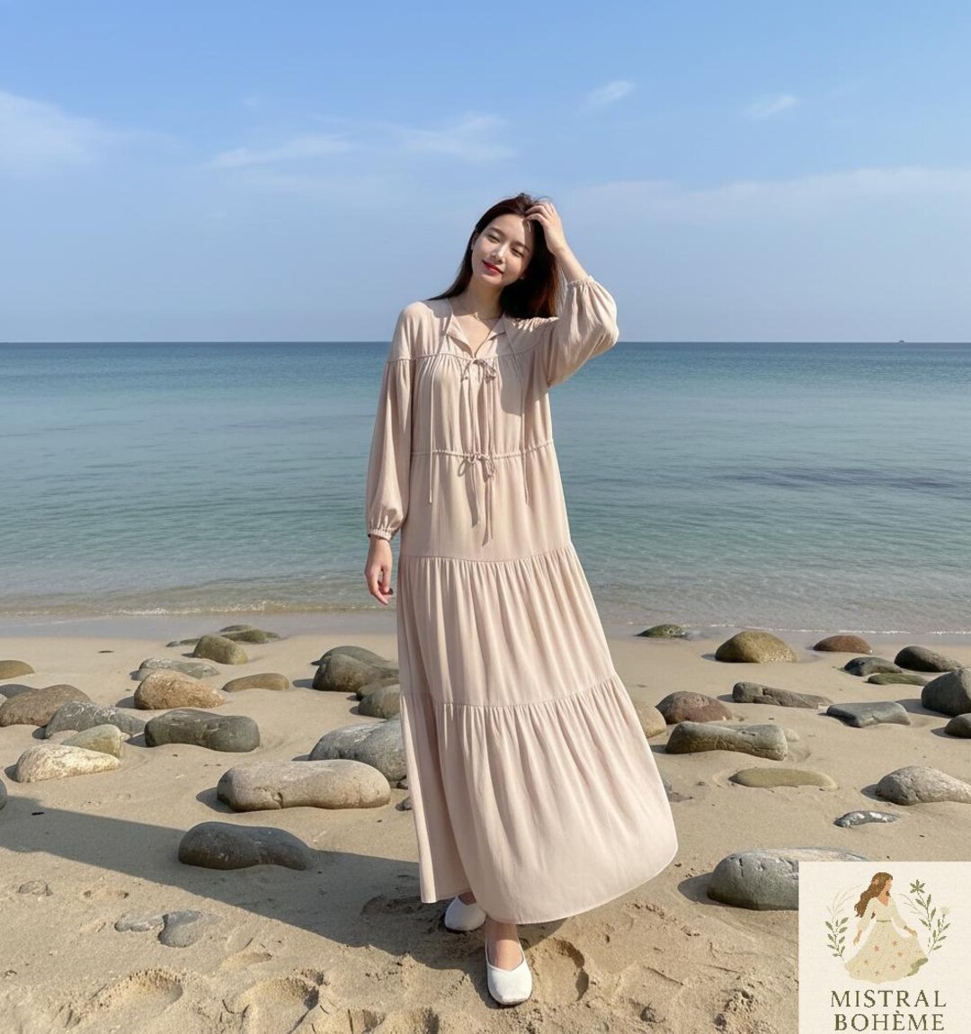 Flowy Chiffon-Blend Maxi Dress for Women | Elegant Long-Sleeve Tiered ...