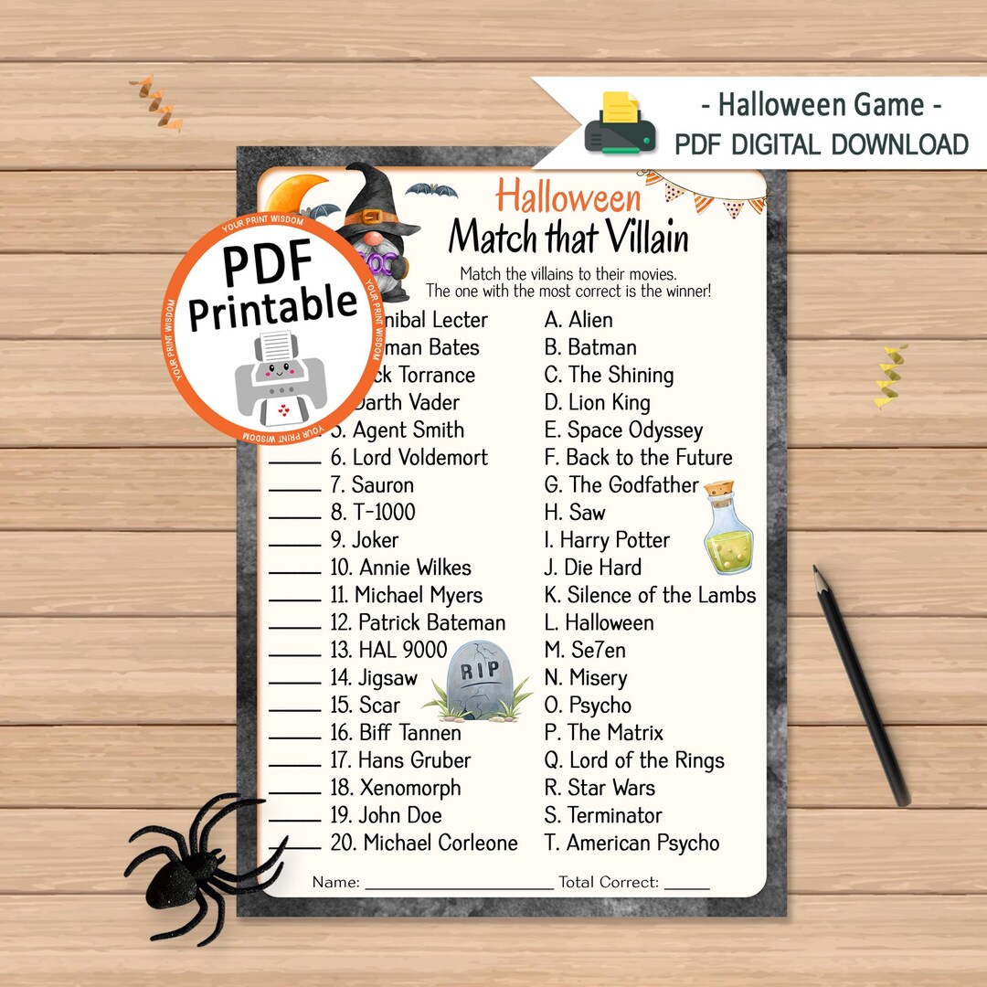 Halloween Movie Villain Trivia Game: Printable Party Quiz (digital ...