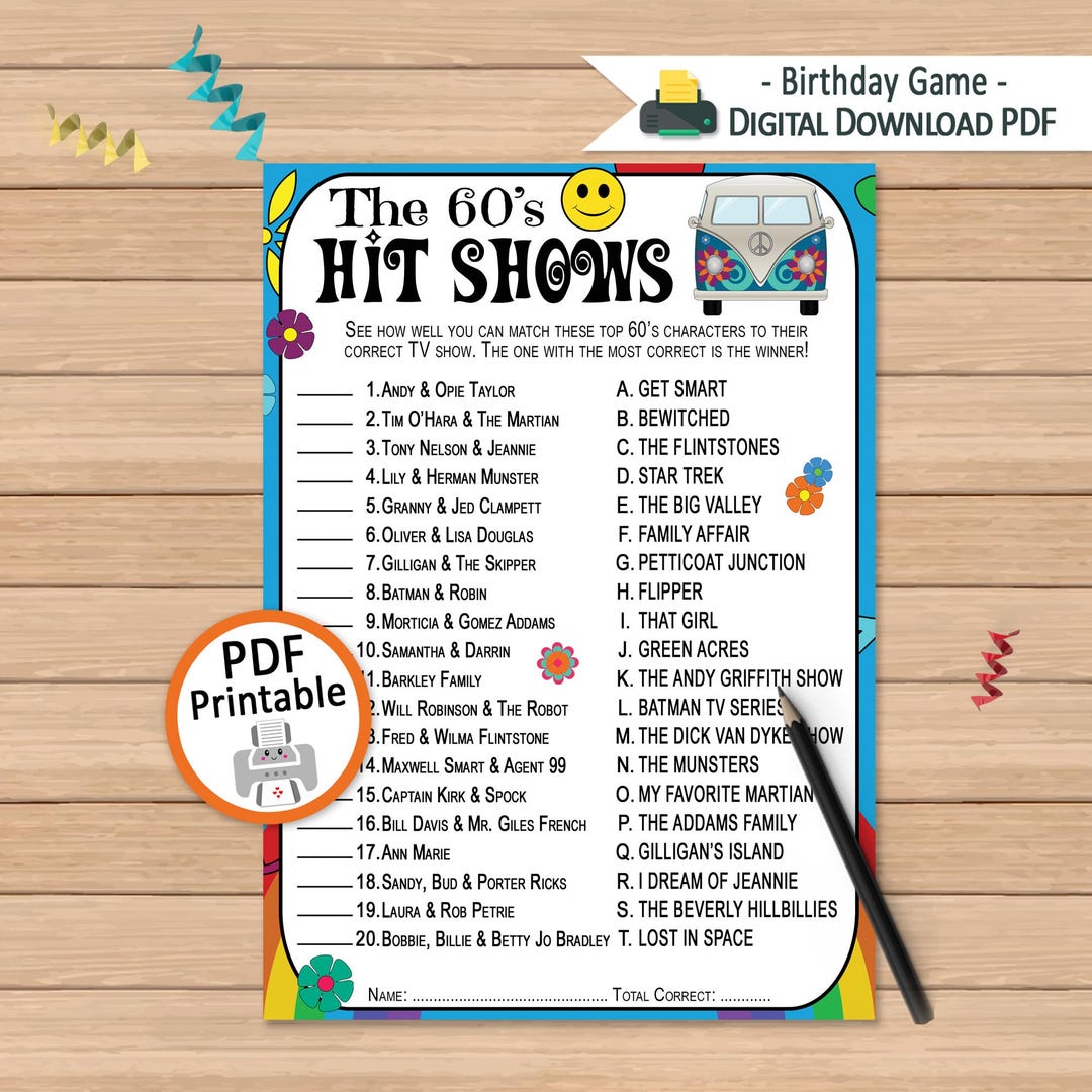 1960s TV Show Trivia Game: Retro Party Quiz (printable PDF Digital ...