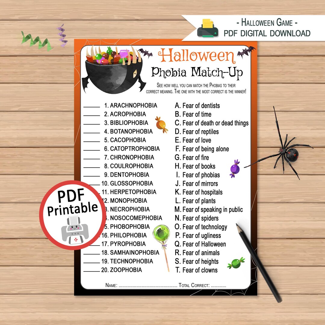 Halloween Phobia Match up Game: Printable (PDF Digital Download) - Etsy