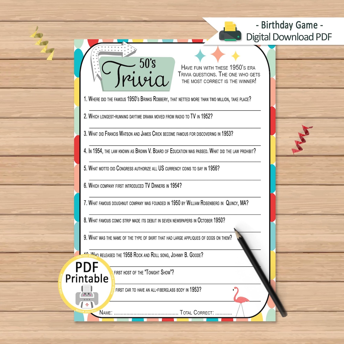 Printable 1950's Trivia Quiz Game | Retro Theme Birthday Party Activity | Digital Download PDF ...