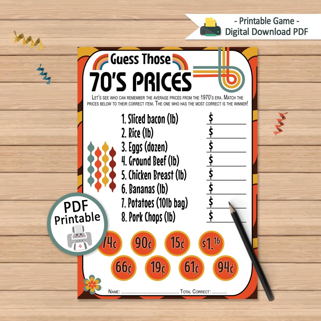 70s Price Guessing Game: Retro Birthday Party Activity (printable PDF ...