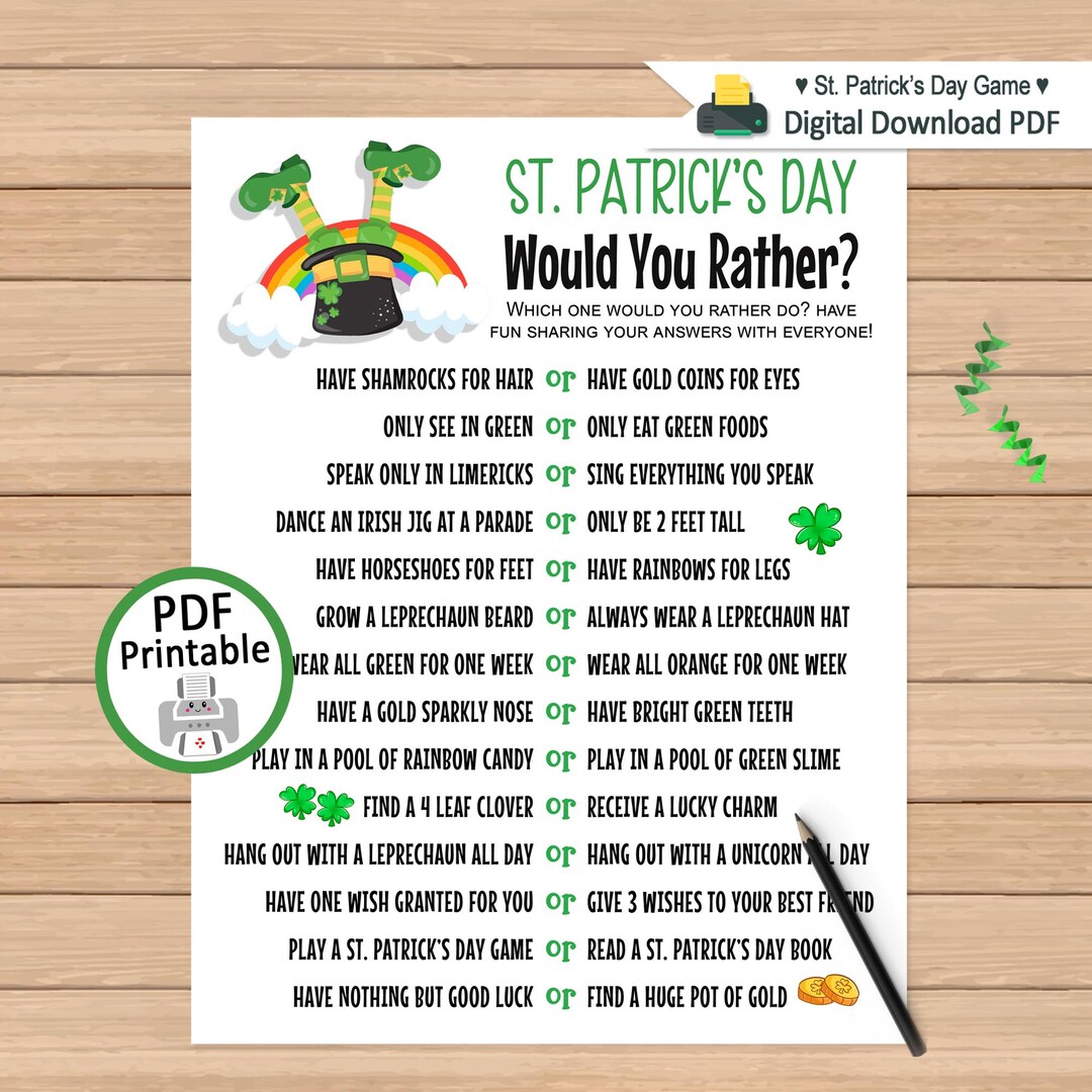 Kids St. Patricks Day Would You Rather - Printable Party Activity - Etsy