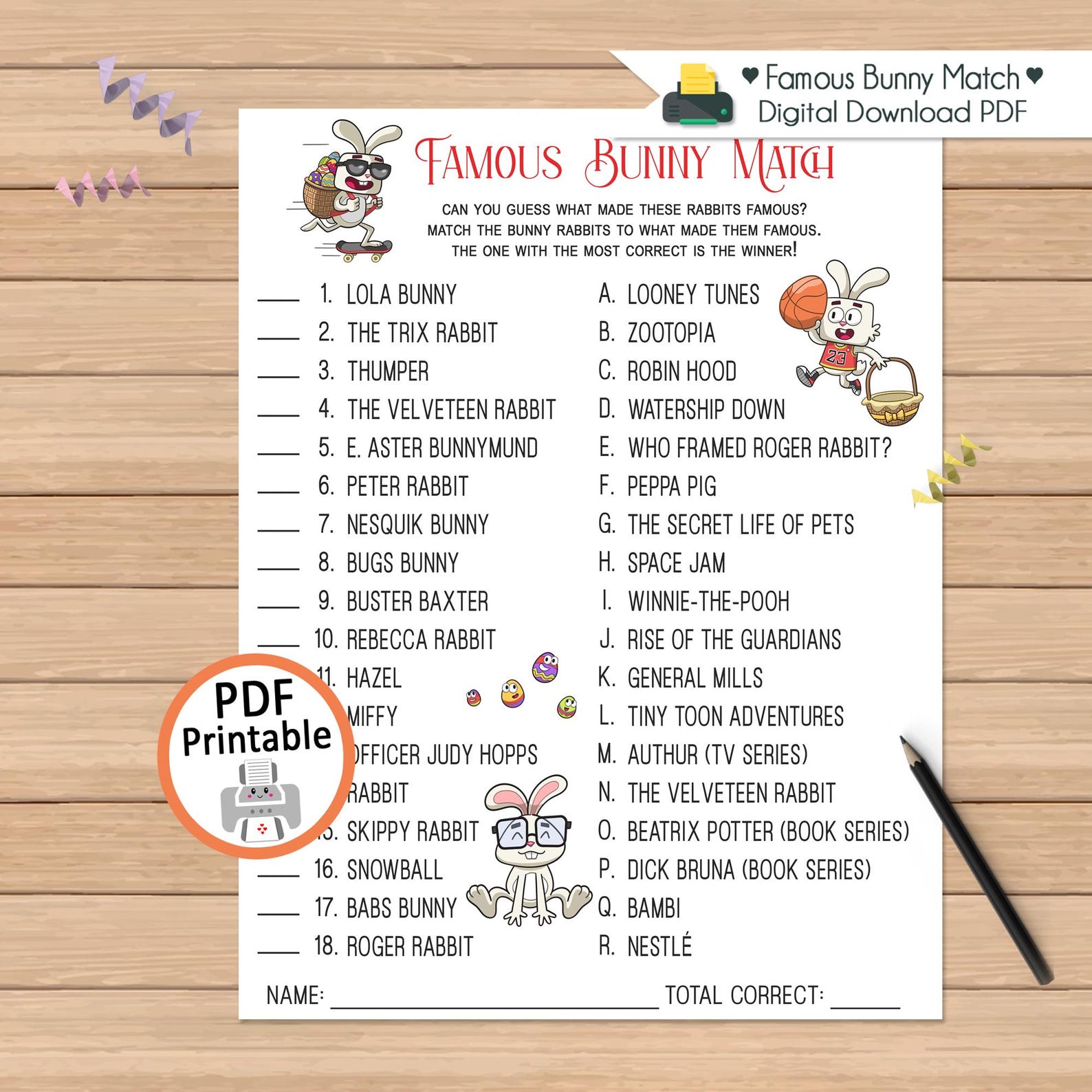 Famous Bunny Match-up Printable Party Game (PDF Download) - Etsy