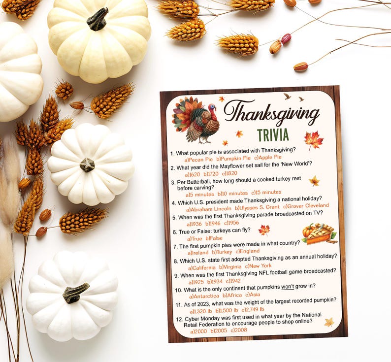 Fun Thanksgiving Trivia Game Printable for Family Gatherings & Holiday ...
