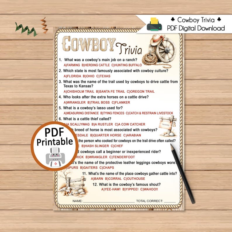 Cowboy Trivia Game | Printable Party Activity | Western Wild West Quiz ...