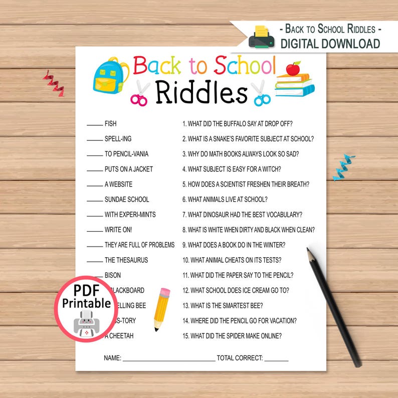 Back to School Riddles Game: Printable Kids Activity (PDF Download ...