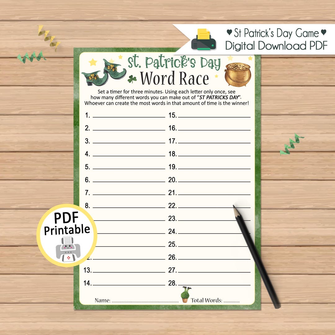 Word Race St Patrick's Day Game - Printable Party Activity - Etsy