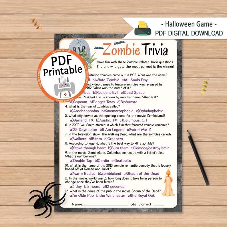 Halloween Zombie Trivia Game: Printable Party Quiz (digital Download ...
