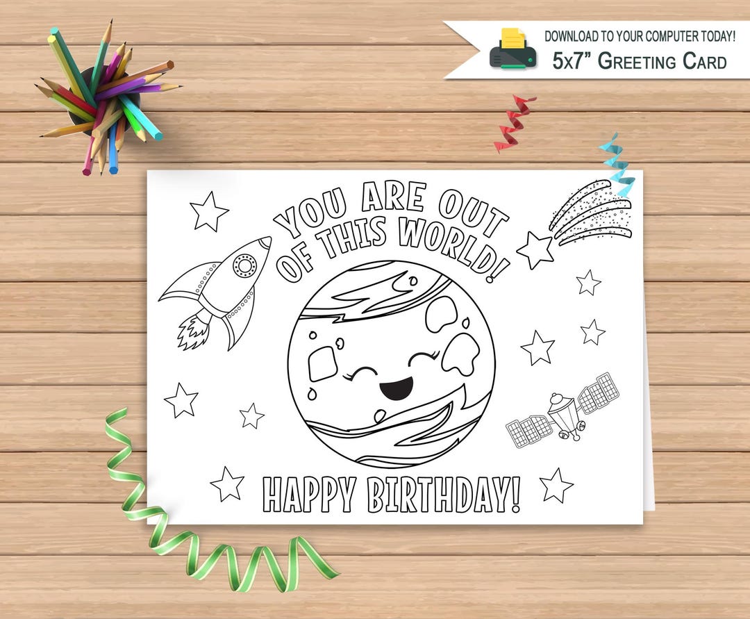 Spaceship Planet Birthday Card: Printable Coloring Card (5x7 In) - Etsy