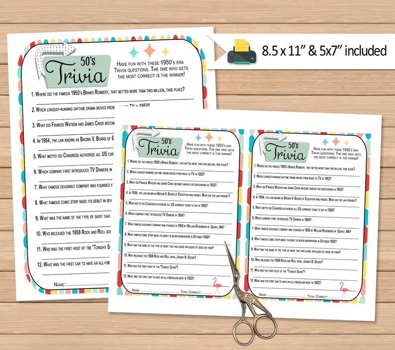 Printable 1950's Trivia Quiz Game | Retro Theme Birthday Party Activity ...