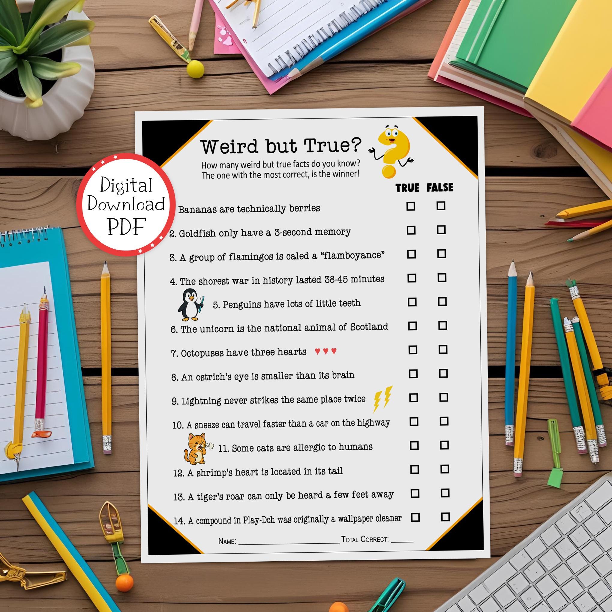Fun and Quirky Printable True or False Trivia Game - Party Activity PDF ...