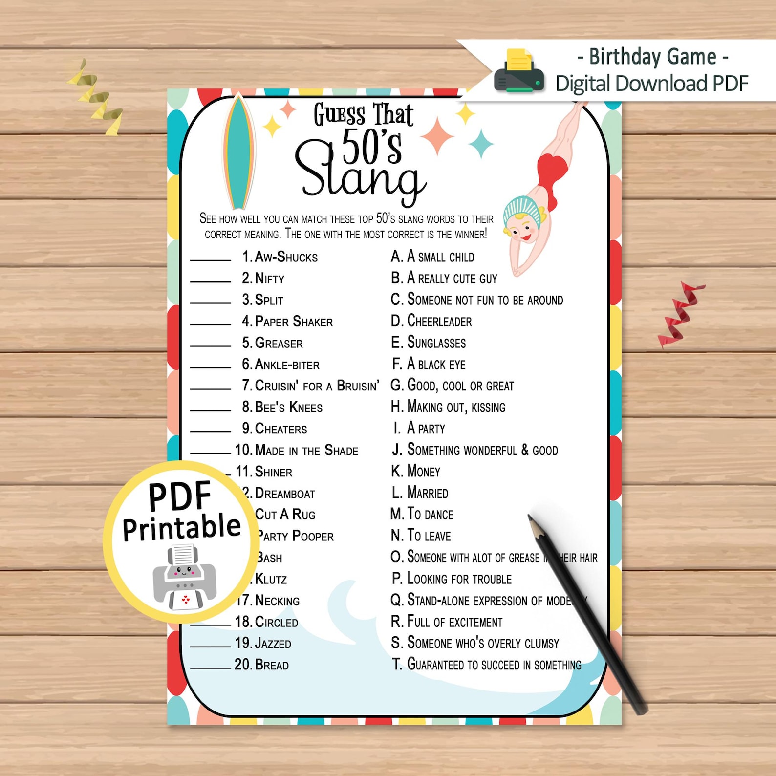 Guess That 50's Slang Game | Retro Theme Birthday Party Activity ...
