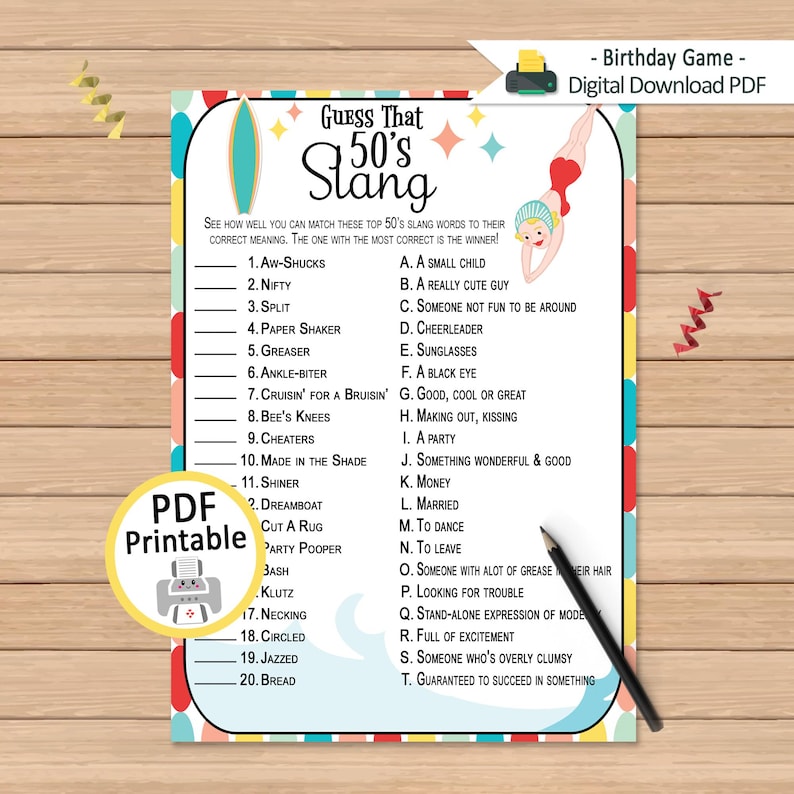 Guess That 50's Slang Game | Retro Theme Birthday Party Activity ...