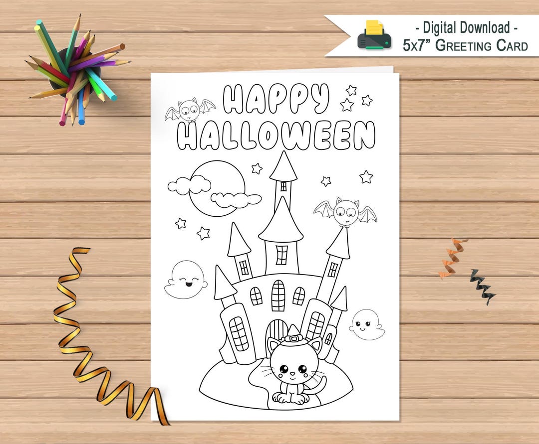 Halloween Coloring Card: Printable Kids Activity, 5x7 Greeting Card ...