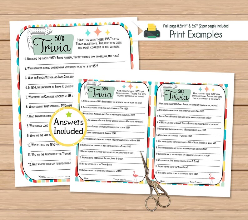 Printable 1950's Trivia Quiz Game | Retro Theme Birthday Party Activity ...