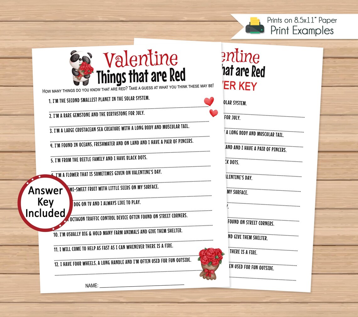 Valentine Things That Are Red: Printable Party Activity (PDF Download ...