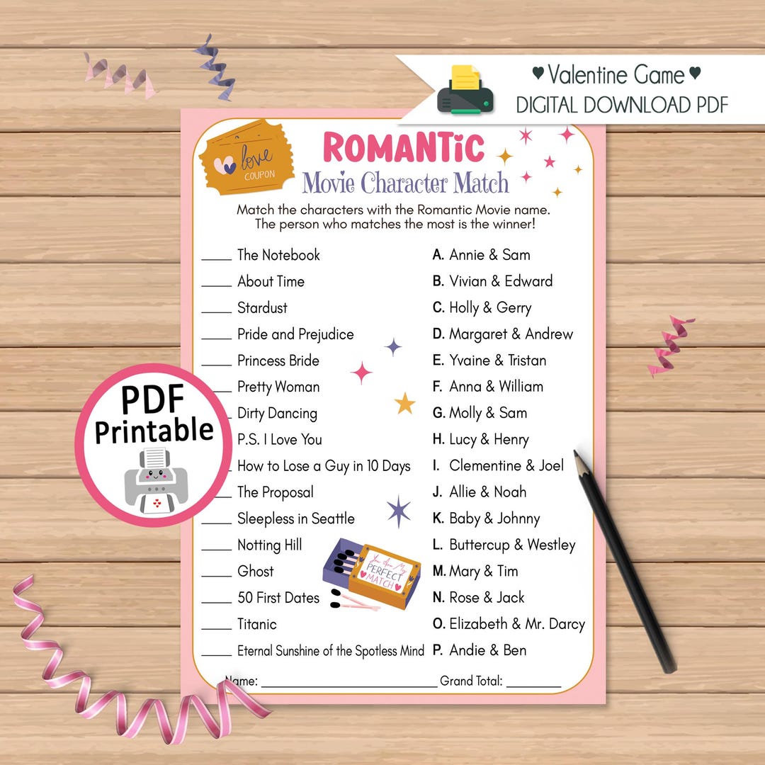 Valentine Movie Character Match Game - (printable PDF Digital Download ...