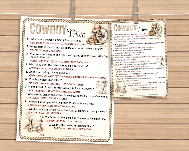 Cowboy Trivia Game | Printable Party Activity | Western Wild West Quiz ...