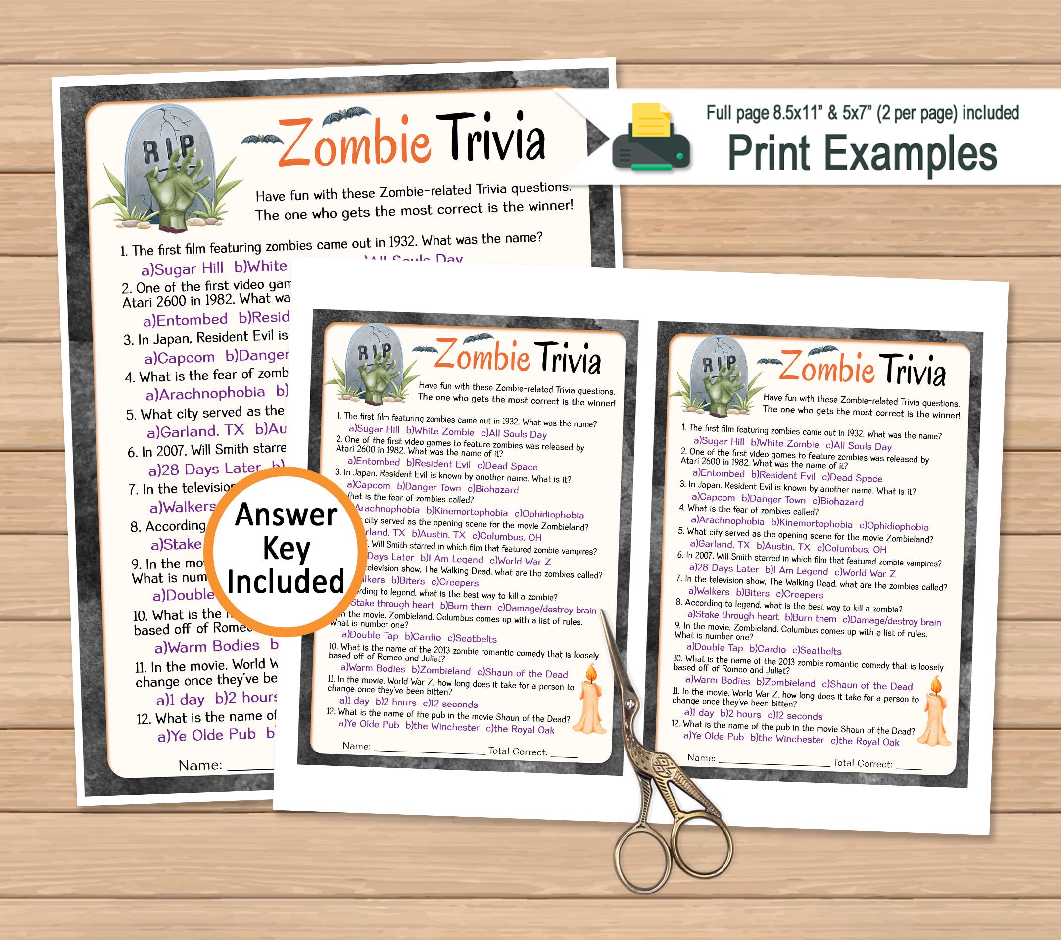 Halloween Zombie Trivia Game: Printable Party Quiz (digital Download ...