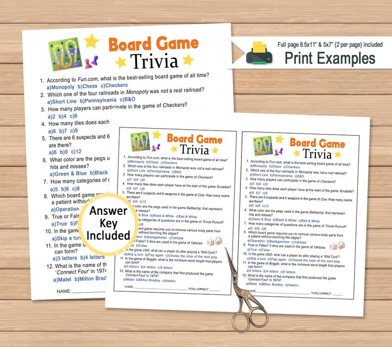Board Game Trivia | Printable One Page Trivia Game for Adults ...