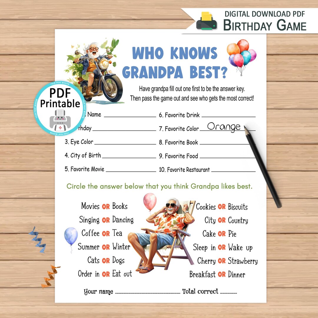 Grandpa Birthday Quiz Game: Grandparent Party Activity (digital ...